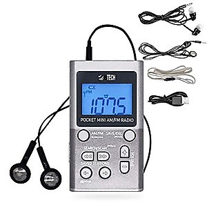 BTECH MPR-AF1 AM FM Personal Radio with Two Types of Stereo Headphones, Clock, Great Reception and Long Battery Life, Mini Pocket Walkman Radio with Headphones (Silver)