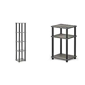 Furinno Turn-N-Tube 5-Tier Corner Square Rack Display Shelf, Round, French Oak Grey/Black & Just 3-Tier End Table, 1-Pack, French Oak Grey/Black