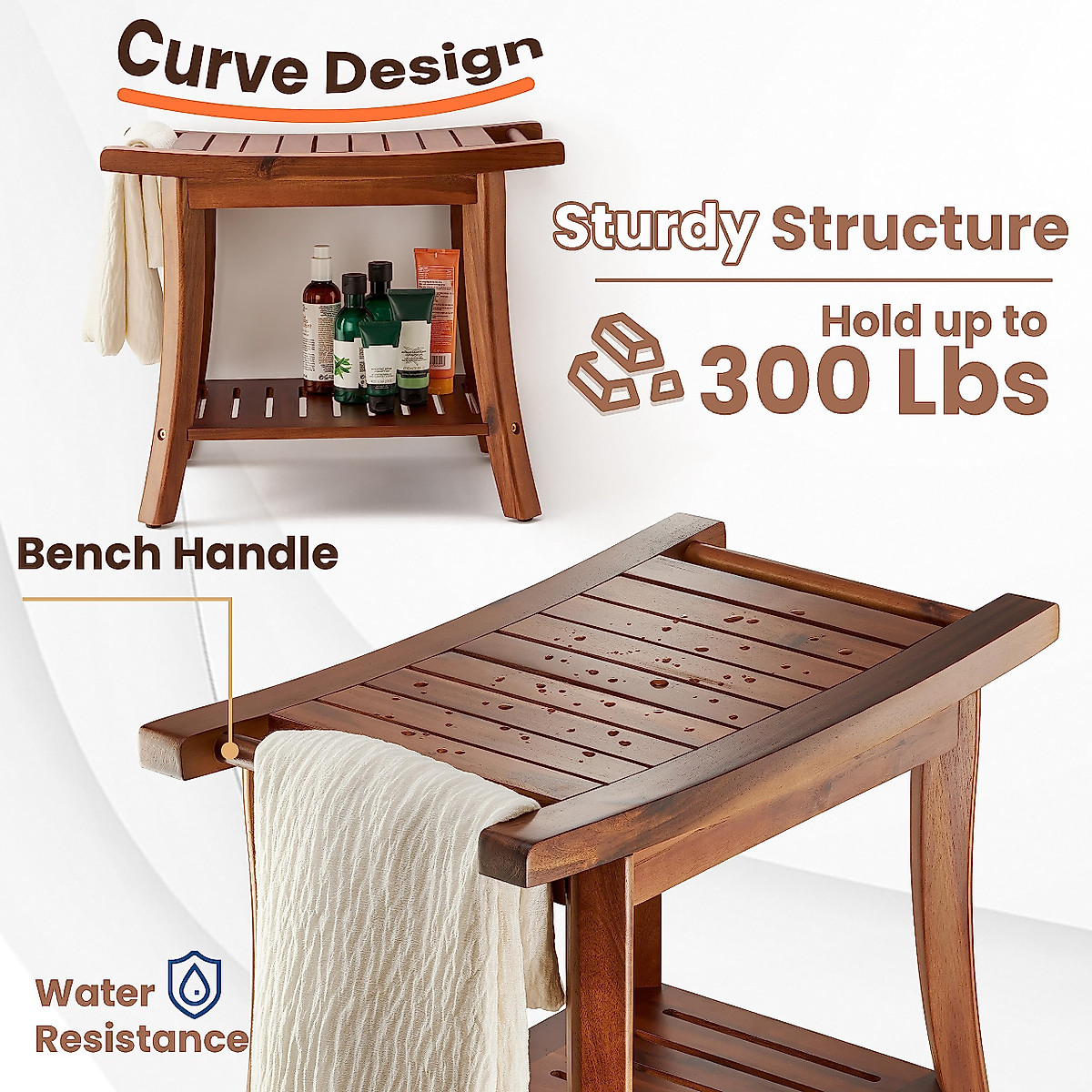 Tinamo Acacia Wood Shower Benches for Inside Shower - Wooden Shower Stool Waterproof for Shaving Legs - Bench Seat with Storage Towel Shelf for Bathroom - Chair Spa Bath (22" x 13" x 18.6") (Acacia)