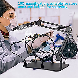 10X Magnifying Glass with Light and Stand, KUVRS Flexible Magnetic Helping Hands, Large Base & Clamp Magnifying Lamp, 3 Color Adjustable Arm Desk Magnifying Glass with Light for Soldering Craft Hobby