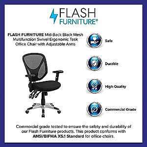 Flash Furniture Sam Mid-Back Black Mesh Multifunction Swivel Ergonomic Task Office Chair with Adjustable Arms