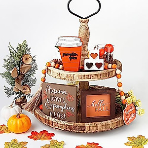Fall Table Decor, Farmhouse Fall Home Decor Set with 3 Heart Blocks, 3 Wooden Signs and Wood Bead Garland for Tiered Tray, Shelf and Mantle - Fall Decorations for Home (Tray not Included)