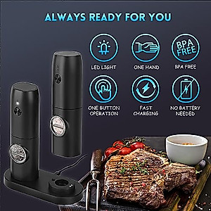 Rechargeable Electric Salt and Pepper Grinder Set, Adjustable Coarseness Automatic Salt or Pepper Mill Shakers, With Charging Base, USB Type-C Cable, LED Lights, One Hand Tact Switch Operation