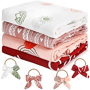 Tatuo 8 Pcs Baby Receiving Blanket Cotton 47 x 47 Inches Muslin Swaddle Blankets 4 Headband 4 Baby Swaddle for Newborns Accessories Set Breathable Soft Flamingo Flower Blankets(Boho Rainbow)