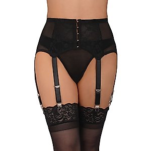 IMOMOTO Garter Belt Thong Set for Thigh High Stockings Lace Mesh Plus Size Socks Suspender for Women with 6 Vintage Metal Clips (Black, Large/XL)