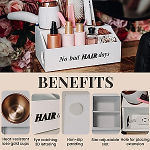 Hair Tool Organizer w/ 7 Compartments - Wooden Hair Product Organizer - Hair Straightener, Brushes, Bathroom Hair Dryer Holder w/ 2 Rose Gold Cups - Hot Tools Organizer for Bathroom Counter or Vanity