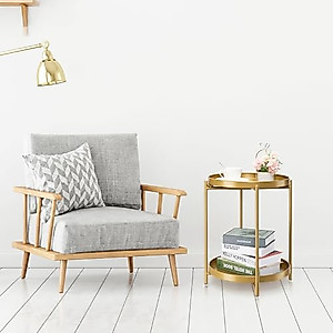 danpinera 2-Tier End Table, Outdoor Side Table Metal Round Side Table with Removable Tray, Small Folding Accent Table, Anti-Rust Nightstand for Bedroom Balcony Patio Living Room (Gold)
