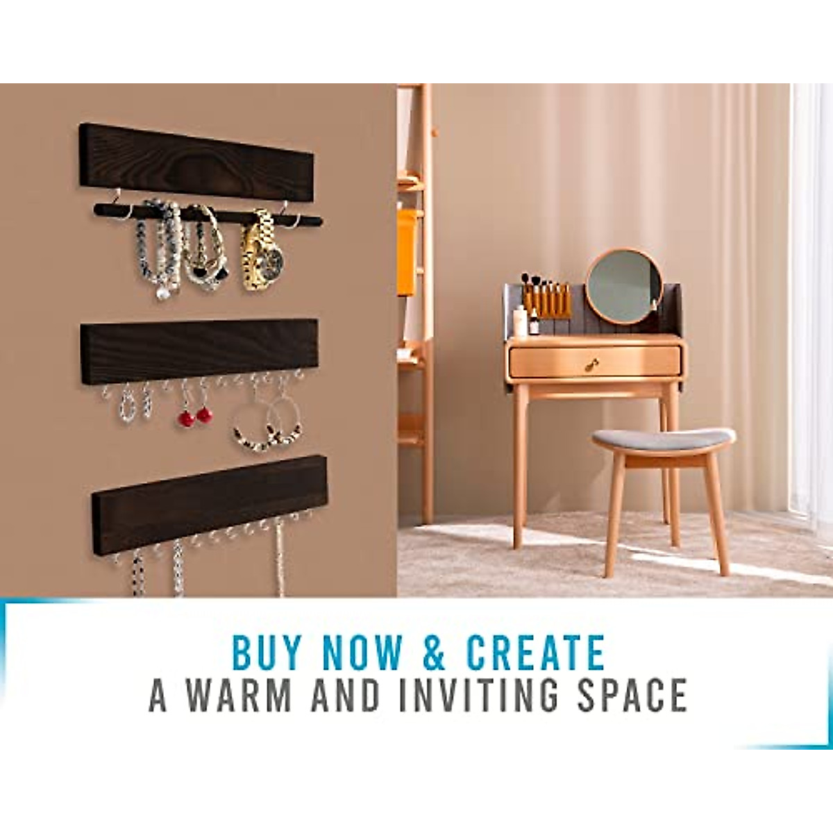 Comfify Rustic Jewelry Display Organizer for Wall – Wall Mounted Jewelry Holder Organizer with Removable Bracelet Rod and 24 Hooks – Perfect Earrings, Necklaces and Bracelets Holder – Dark Brown