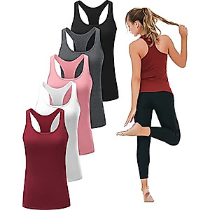 TELALEO 5-Pack Women's Workout Tank Tops, Athletic Racerback, Compression Dry Fit - Black/Grey/White/Red/Pink M