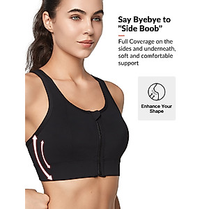 Yvette Zip Front Close Sports Bra - High Impact Full Support for Large Bust,Sewn in Pads,Wireless and Supportive, Black,M+