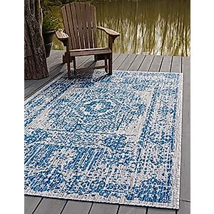 Unique Loom Outdoor Traditional Collection Area Rug - Timeworn (9' x 12' Rectangle, Blue/ Gray)