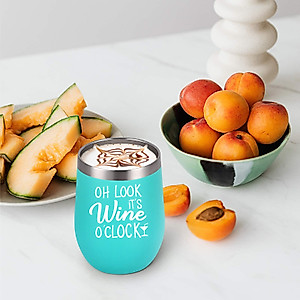 Oh Look It's Wine O'Clock - Stainless Steel Wine Tumbler with Lid, Funny Wine Gifts for Women Mom Grandma Sister Coworkers, Stemless Insulated Tumbler for Christmas Mothers Day Birthday(12oz, Mint)