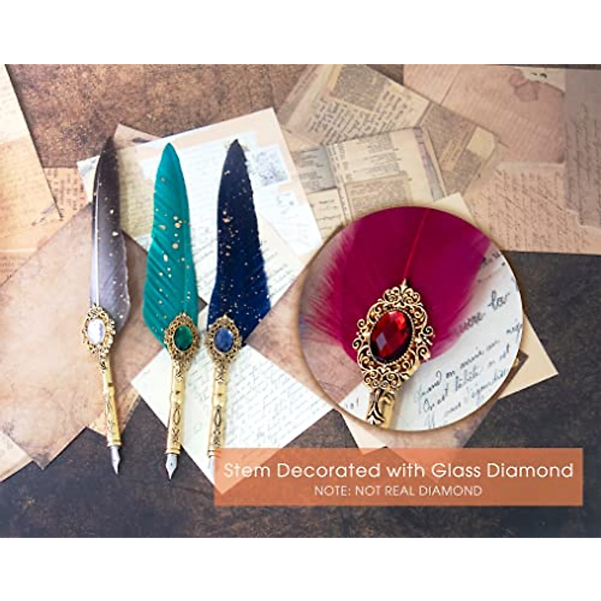 Jubapoz Feather Pen Calligraphy Pen and Ink Set Antique Platinum Quill Pens with Ink for Writing, Drawing, Signature, Wedding, Birthday Gifts, Retro Decor (Navy Blue+Golden)