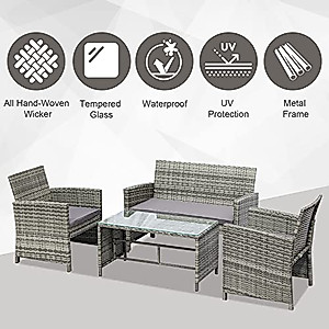 Outsunny 4pcs Outdoor Patio Furniture Set, 2 Plastic Rattan Chairs, 1 PE Wicker Loveseat Sofa, 1 Center Coffee Table with Tempered Glass Table-Top, Soft Cushions for Backyard, Garden, Light Grey