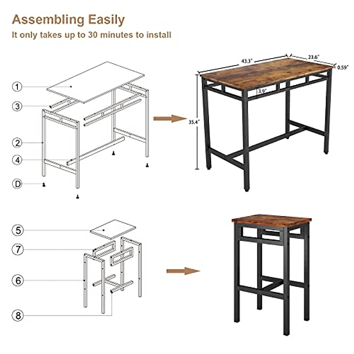 Dining Table Set for 4, CALABASH Kitchen Table and Chairs for 4, 5 Piece Counter Height Dining Sets for Breakfast Nook Restaurant, Apartment, Small Spaces