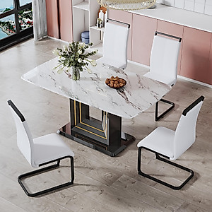 63" Modern MDF Dining Table for 6-8, Large Rectangular Dining Room Table with U-Shaped Bracket and MDF Base, Minimalist Kitchen Table for Restaurant, Meeting Room, Marble-Inspired MDF Desktop(White)