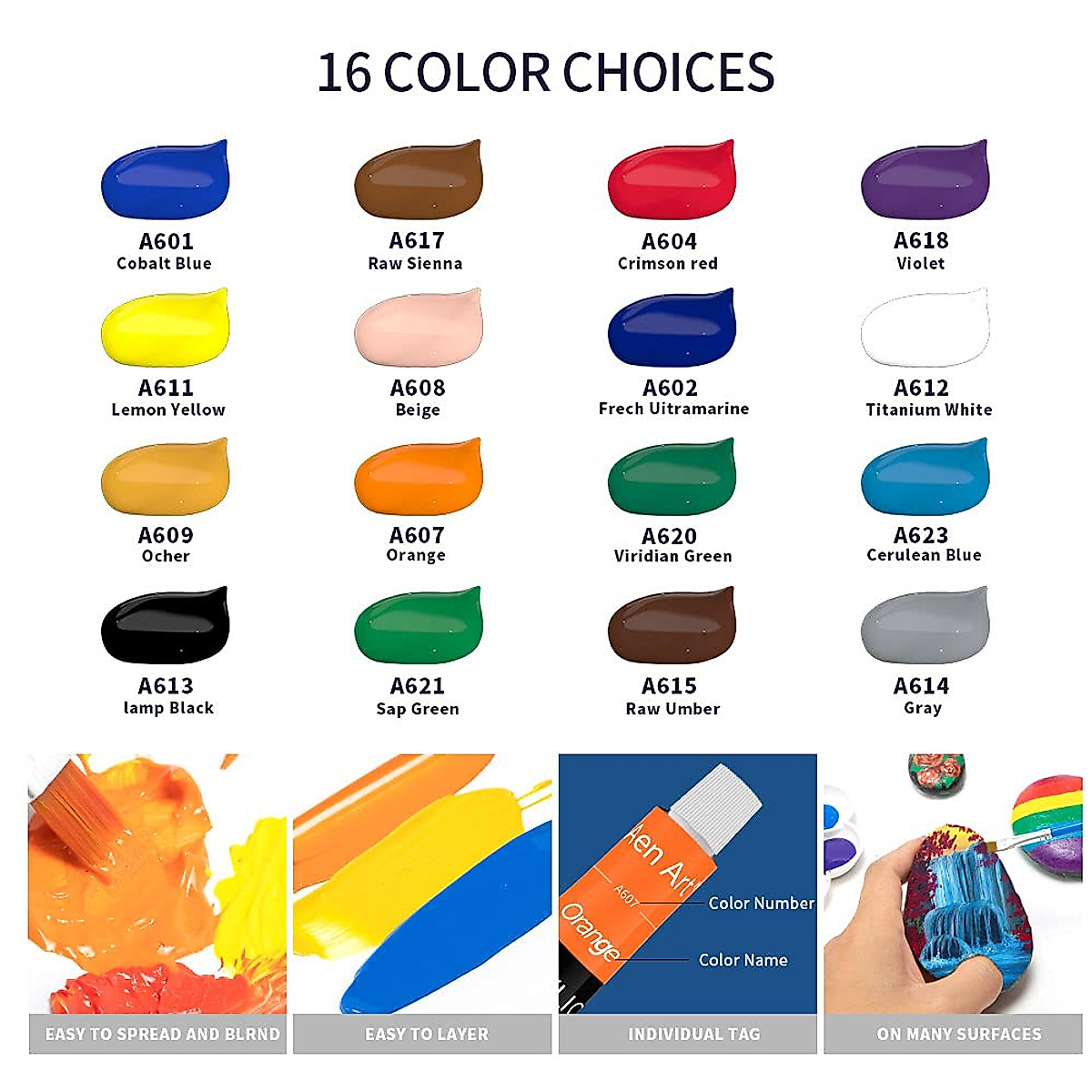 Acrylic Paint Set, Aen Art 16 Colors Painting Supplies for Canvas Wood Fabric Ceramic Crafts, Non Toxic&Rich Pigments for Beginners