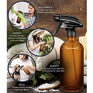 LiBa Amber Glass Spray Bottles 2 Pack, 16 oz Refillable Empty Spray Bottle for Cleaning, Essential Oils, Hair, Plants, Adjustable Nozzle for Squirt and Mist, Bleach/Vinegar/Rubbing Alcohol Safe