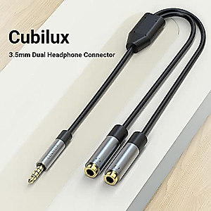 Cubilux Dual Headphones Splitter, 3.5mm Male to 2-Way 3.5 mm Female Audio Jack Adapter for Sharing Earphones, Double Earbuds Connector for Two People for PC, Laptop, Computer, Phone, Tablet, 10 inches