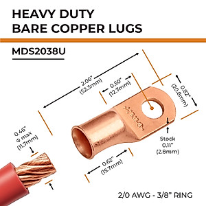 SELTERM 10pcs 2/0 AWG - 3/8" Stud - Battery Lugs, Heavy Duty Wire Lugs, Ring Terminals, Battery Cable Ends,00 Gauge Terminals, UL Bare Copper Eyelets Electrical Battery Terminal Connectors