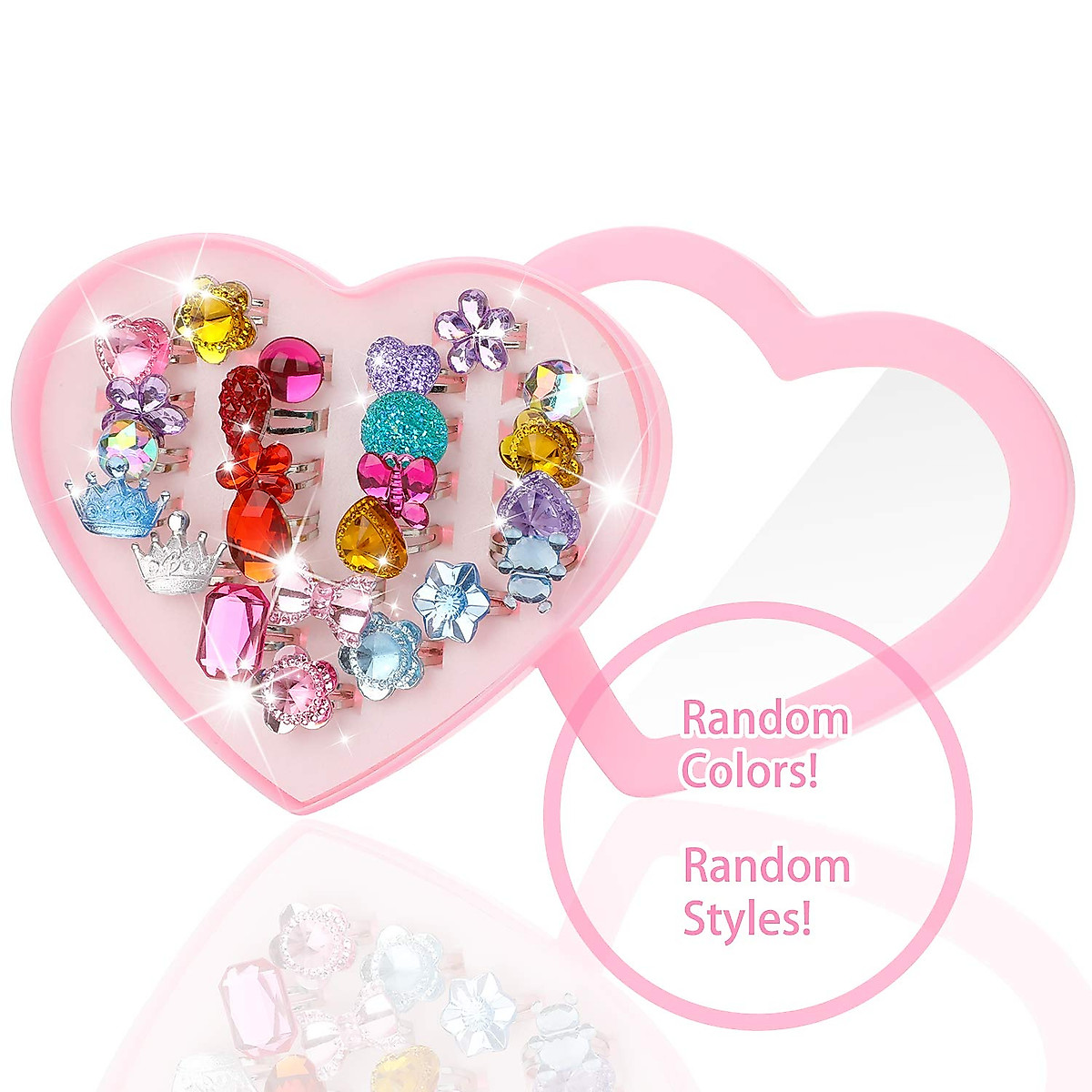 Hifot 24 pcs Girls Crystal Adjustable Rings, Princess Jewelry Finger Rings with Heart Shape Box, Girl Pretend Play and Dress up Rings for Children Kids Little Girls - Random