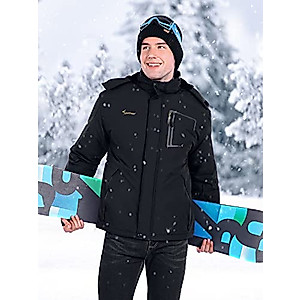 Sportneer Men Waterproof Ski Jackets: Winter Spring Warm Snow Coats Windbreaker Hooded Raincoat Jacket Black L