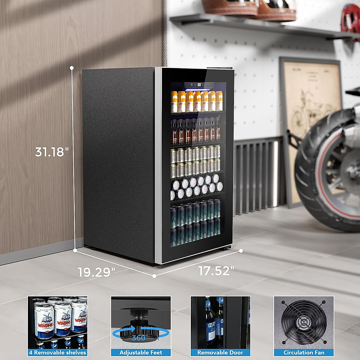 Kndko Mini Beverage Refrigerator and Cooler - 130 Can Mini Fridge with Glass Door, Digital Temperature Control, LED Light, Reversible Door, Perfect for Home, Office, Bar, and Game Room - 3.2 Cu.Ft