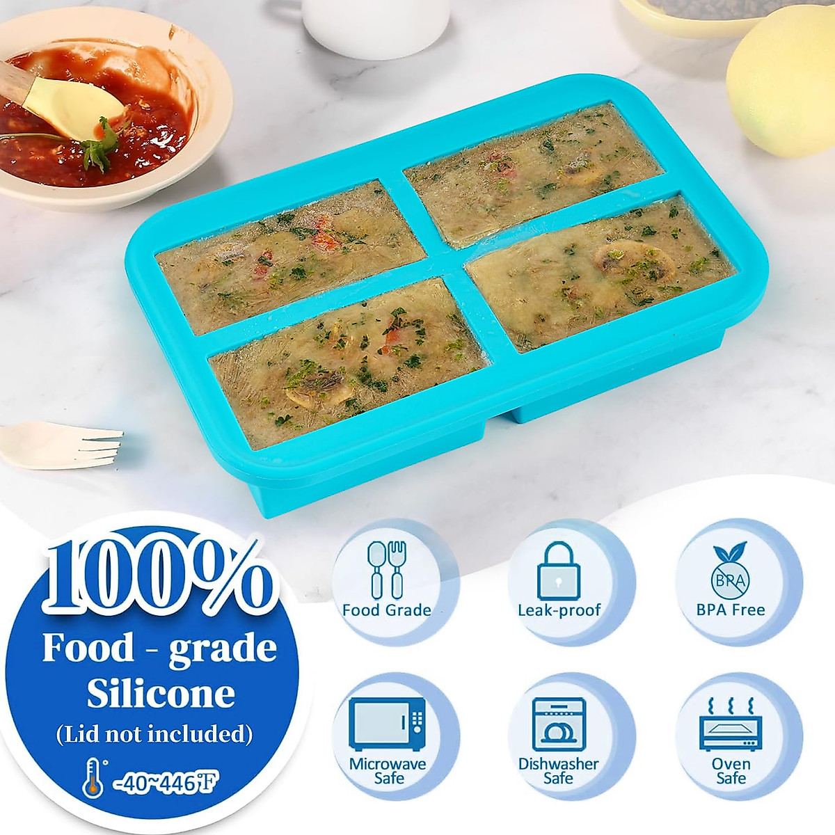 NICITY 1-Cup Soup Cubes Freezer Tray with Lid，Large Silicone Soup Freezer Molds for Storing and Freezing Soup Sauce Broth Ice Leftovers(2Packs+10Pcs Reusable Storage Bags)