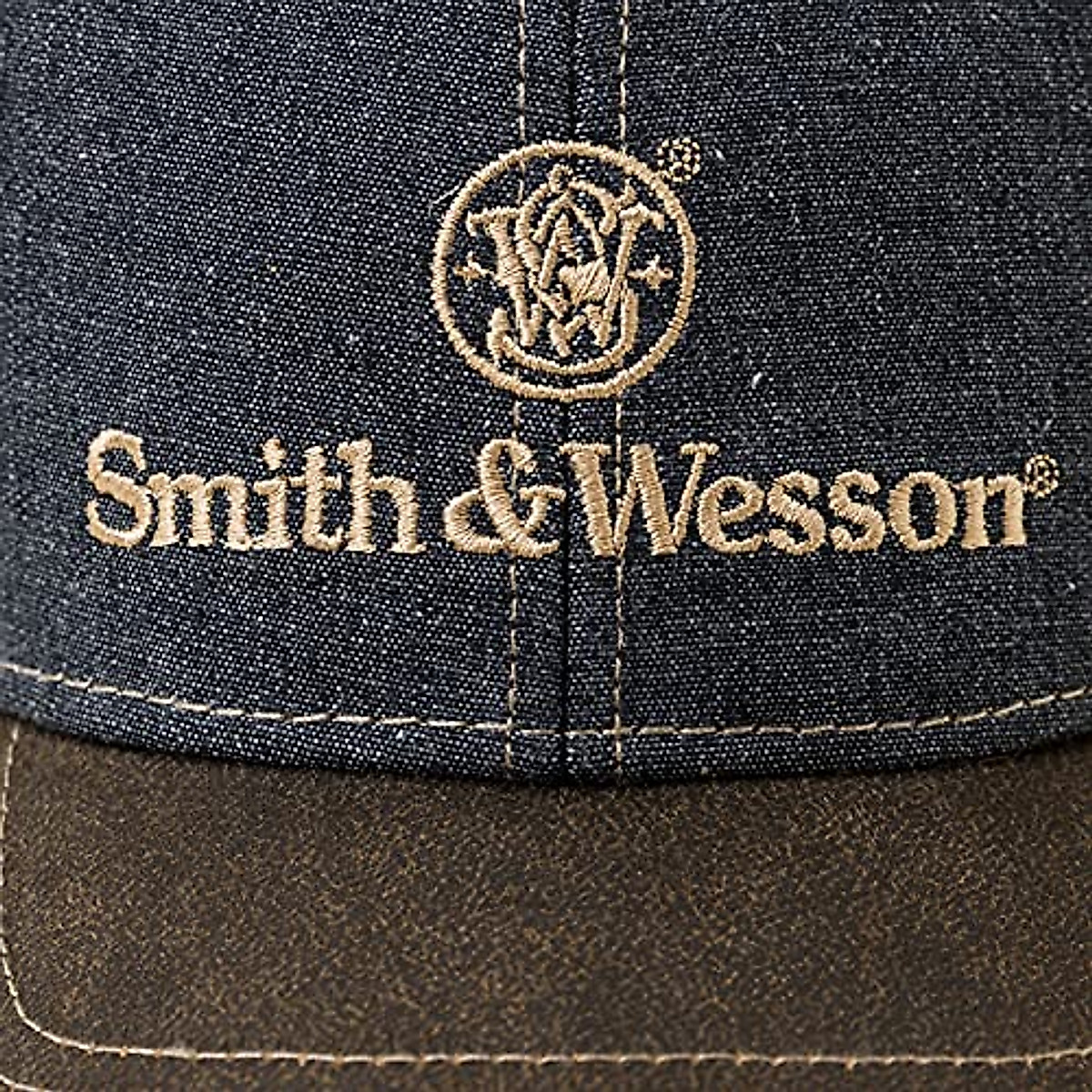 Men's Adjustable Two-Toned Green & Denim Trucker Baseball Hat with Smith & Wesson Emblem Logo, Contrast Stitching, and Off-White Mesh- Offically Licensed