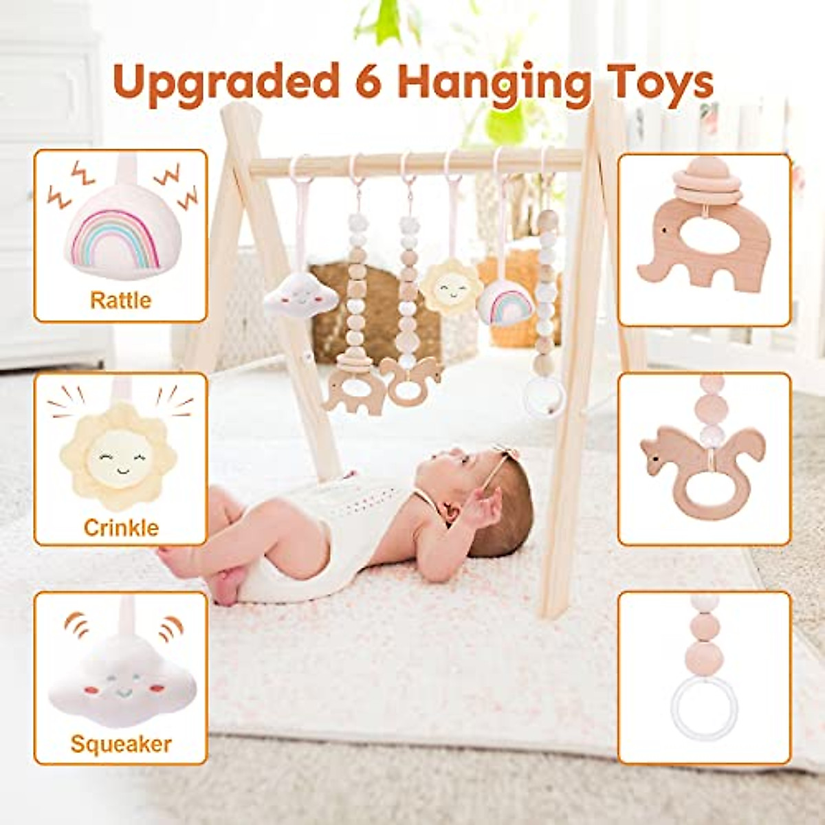 Wooden Baby Gym with 6 Wooden Baby Toys Foldable Baby Play Gym Frame Activity Gym Hanging Bar Newborn Gift Baby Girl and Boy Gym