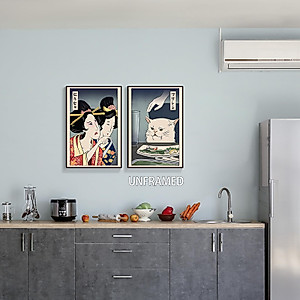 mifyuibytr Funny Japanese Cat Wall Art Set of 2-12x16in, Vintage Japanese Geisha Yelling at Cat Posters, Fun Asian Anime Cat Meme Prints Painting, Kitchen Wall Artwork Unframed