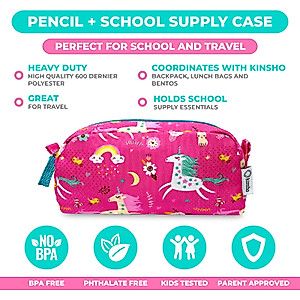 Bundle of kinsho Bento Lunch Box with Insulated Bag, Water Bottle&Ice Pack Set (Pink Unicorn) + Pencil Case for Girls, Cute Pouch Box Bag for Little Kids (Pink Unicorn)