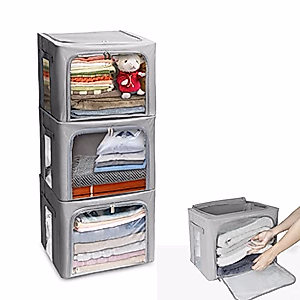 Stackable Clothes Storage Box for Clothing Gadgets,Steel Frame Storage Bins for Bedding Blankets Toys Gift,Foldable Oxford Fabric Closet Organizer Bag Set with Carry Handles and Clear Window (Medium- 40L x3 Pack, Grey)