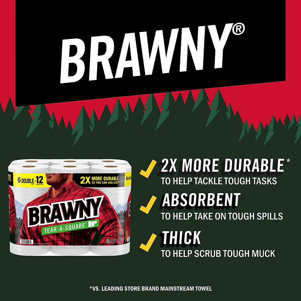 Brawny Tear-A-Square Paper Towels, 12 Family Rolls = 30 Regular Rolls, 2X More Durable*, 3 Sheet Sizes, Strong and absorbent extra-large roll