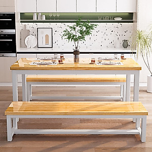 AWQM 43.3" Dining Table Set for 4, Kitchen Dining Table with 2 Benches, Dining Room Table Set with Metal Frame & Thickened Board for Kitchen, Restaurant, Oak