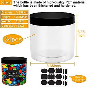 LOSYHU 24 Pack Plastic Jars With Lids 12 OZ PET Plastic Jars Round Plastic Slime Storage Jars Wide Opening Clear Empty Plastic Jars with Screw On Lids For Dry Food Kitchen Craft Storage