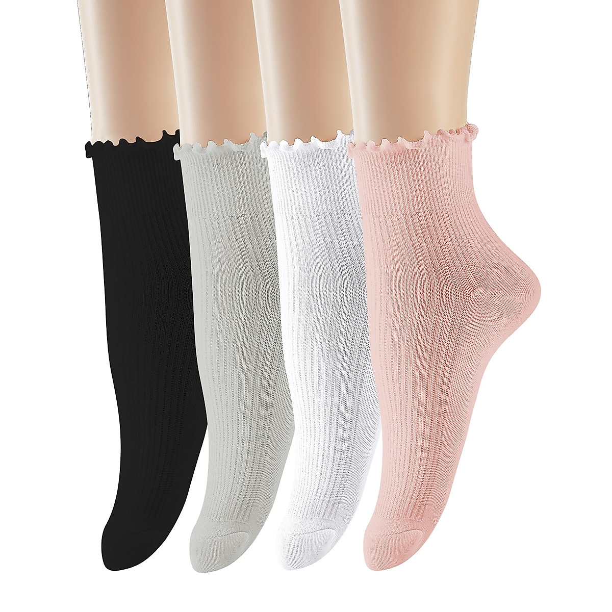UTTPLL Womens-Ruffle-Turn-Cuff-Casual-Lettuce Socks Lovely Double Needle Ankle Boot Socks Athletic Soft Cotton Warm Cute Crew Frilly Sock Black,White,Grey,Pink