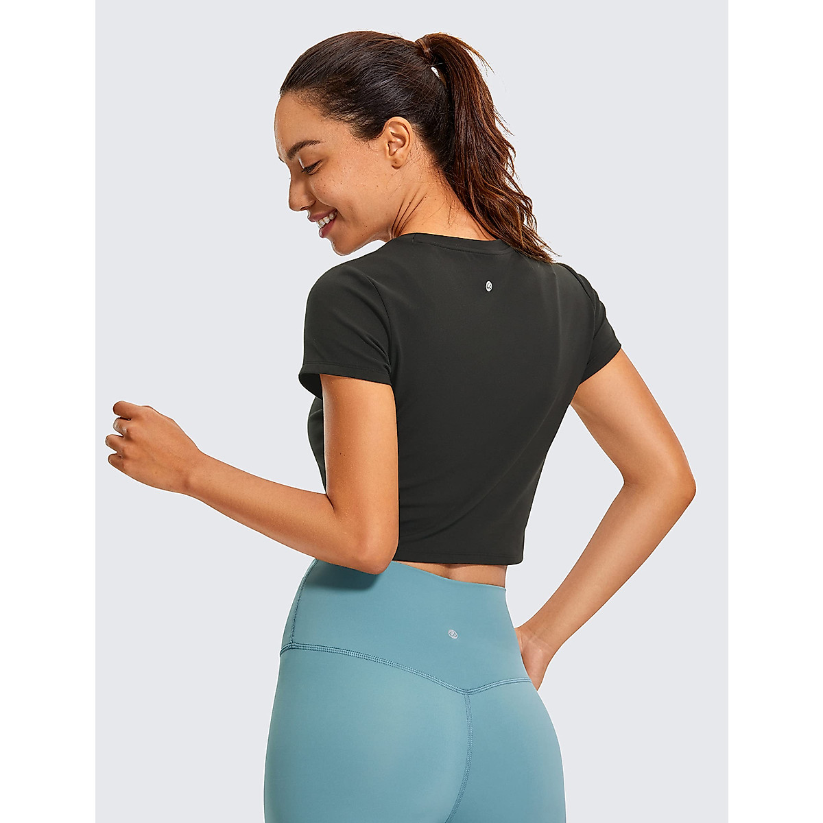 CRZ YOGA Butterluxe Short Sleeve Shirts for Women High Neck Crop Tops Basic Fitted T-Shirt Gym Workout Top Black X-Small