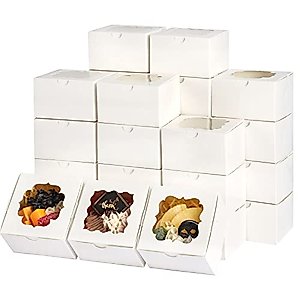 TOMNK 150pcs 4 Inch White Bakery Boxes Small Treat Boxes Cookie Boxes with 3 Style Windows Pastry Boxes Mini Dessert Boxes for Chocolate Strawberries Donuts and Party Favor 4x4x2.5 Inch