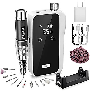 Karite Professional Nail Drill Machine for Acrylic Nails, 35000 RPM Electric Nail File with 13 Bits, 30 Sanding Bands – USB Rechargeable, Portable Electronic Nail Filer for Home Salon Manicure Tools