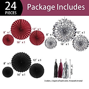 24PCS Maroon Decorations Burgundy Black Silver Party Paper Streamers Tassel Banner Garland Paper Flower Fans Wall Hanging Backdrop Graduation Birthday Bridal Shower Wedding Décor