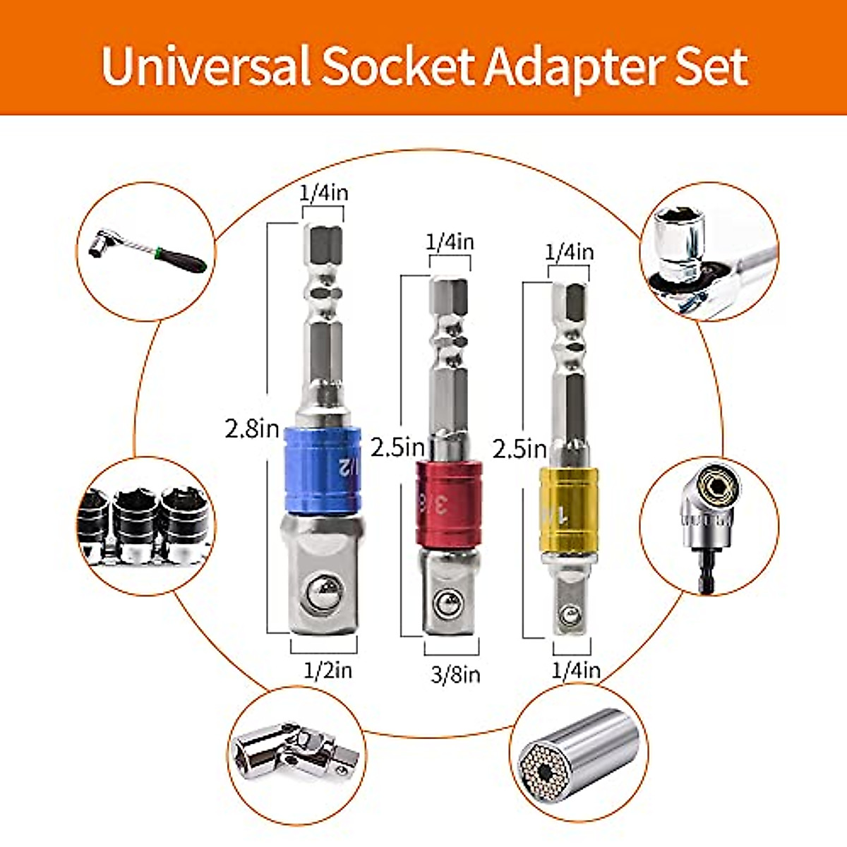 Flexible Drill Bit Extension Set & Universal Socket Tool, Bendable Drill Bit Extension, 3pcs Drill Bit Holder, 1/4 3/8 1/2" Universal Socket Adapter Set, 105° Right Angle Drill, Screwdriver Bit Kit