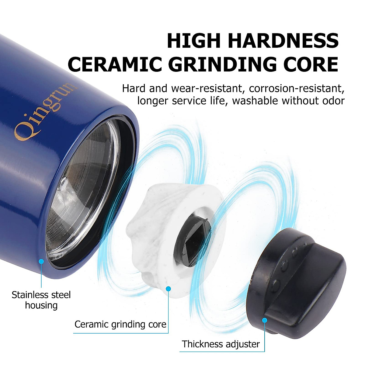 Qingrun electric salt or pepper grinder is provided with button control for grinding,battery-powered pepper mill,one-hand operation and white light.Adjustable roughness pepper grinder.Blue