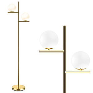 Mid Century Floor Lamp - 2 Globe Modern Standing Lamp with Foot Pedal, Frosted Glass Stand Up Lights for Living Room, Bedroom, Office, Contemporary LED Antique Brass|Gold Tall Pole Light Indoor