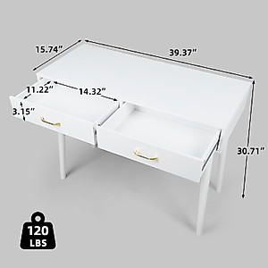 Rotihom Small White Desk with 2 Drawers, Modern Writing Desk for Small Spaces, Home Office Desk for Study, Laptop Computer Desk for Work, Makeup Vanity Table for Bedroom (White)
