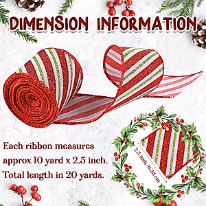 2 Rolls Christmas Wired Ribbon Red Green Stripe Glitter Ribbon Xmas Wrapping Burlap Decor for Home Party DIY Craft Bows, 2.5 Inch 20 Yards (White)