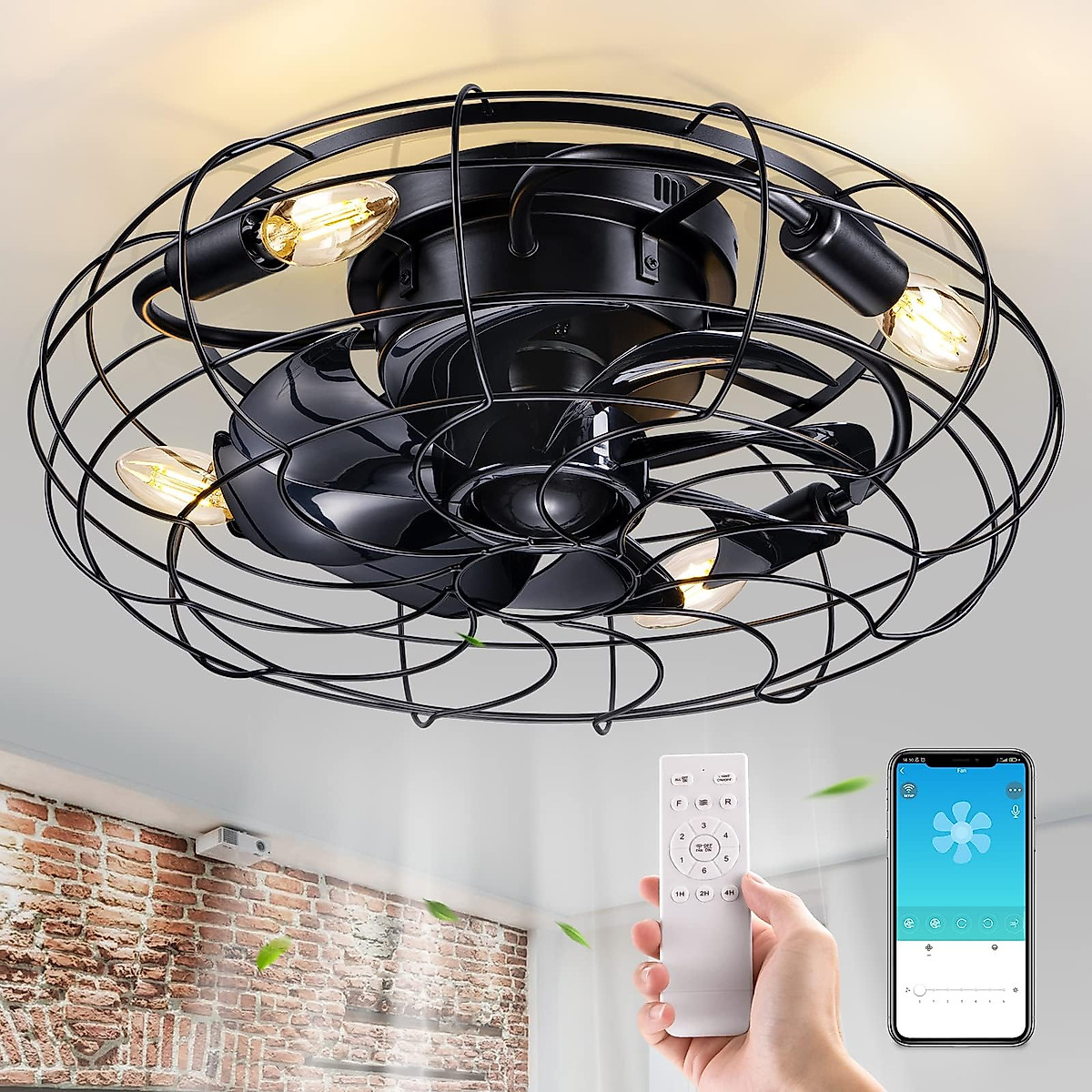 Glitnous 18'' Small Caged Flush Mount Ceiling Fans with Lights and Remote, Black Low Profile Rustic Farmhouse Modern Lighting & Ceiling Fan, Bladeless 6 Speed Timing for Bedroom Kitchen Dining Room