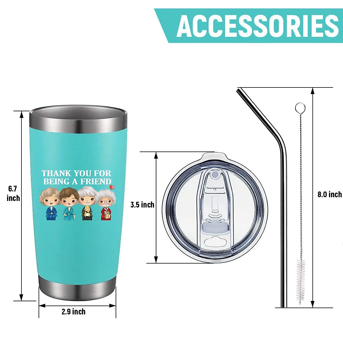 Thank You for Being A Friend Mug Gifts - Gifts for Friend , Friendship Birthday Mothers Day Gifts for Women Buddies Besties Sister Female-Golden Girls Coffee Tumbler Cups with Lid Straw 20 OZ (Mint)