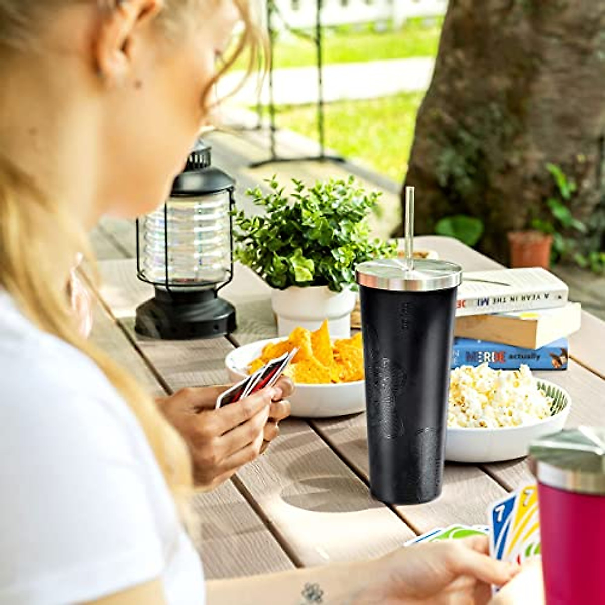 bzyoo SUP Double Wall Vacuum Insulated Tumbler with Straw and Lid Stainless Steel Water Bottle Cold Drink Travel Mug Cup Valentines Gifts For Him & Her (710ml) Color: Mandala Black