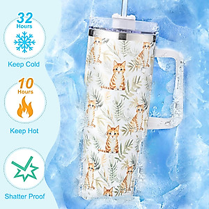 40 oz Tumbler with Handle and Straw, Cat Insulated Travel Mug Iced Coffee Cup, Reusable Stainless Steel Insulated Water Bottle, Keeps Drinks Cold for 34 Hours, Dishwasher Safe, BPA Free